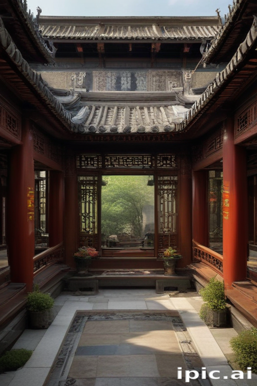 Tranquil Courtyard with Traditional Architecture and Lush Greenery in View