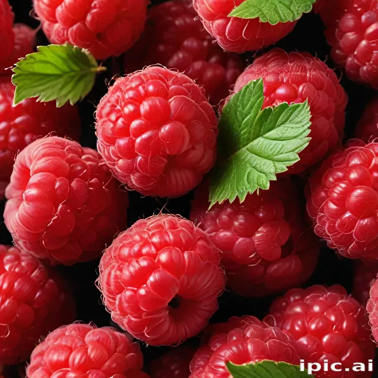 Fresh and Juicy Raspberries Arranged Beautifully with Green Mint Leaves
