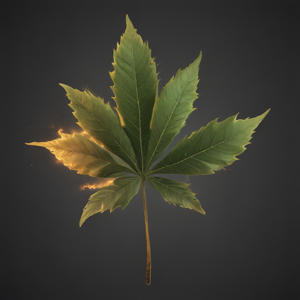 Glowing Green Leaf Against a Dark Background with Subtle Flames Emanating