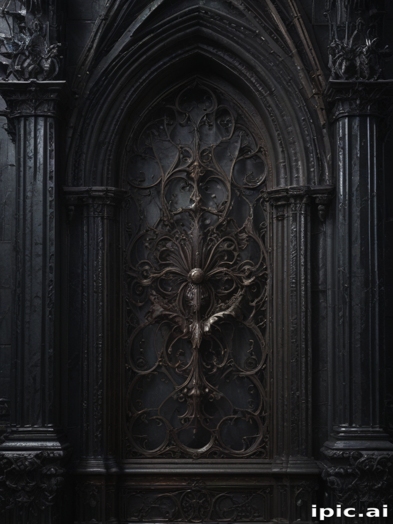Intricately Designed Gothic Door with Elaborate Metalwork and Dark Elegance