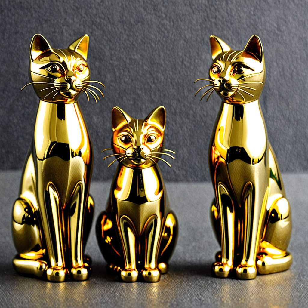 3 metallic cat statues