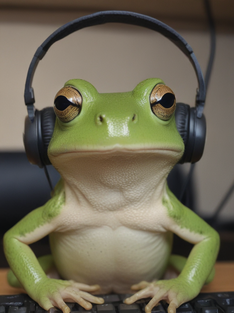 A realistic frog streaming from a webcam point if view with headset ...