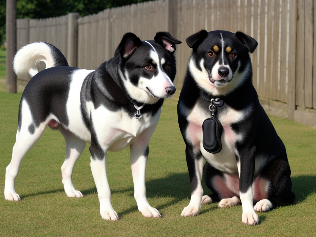 Two Playful Dogs with Distinct Black and White Fur in a Park