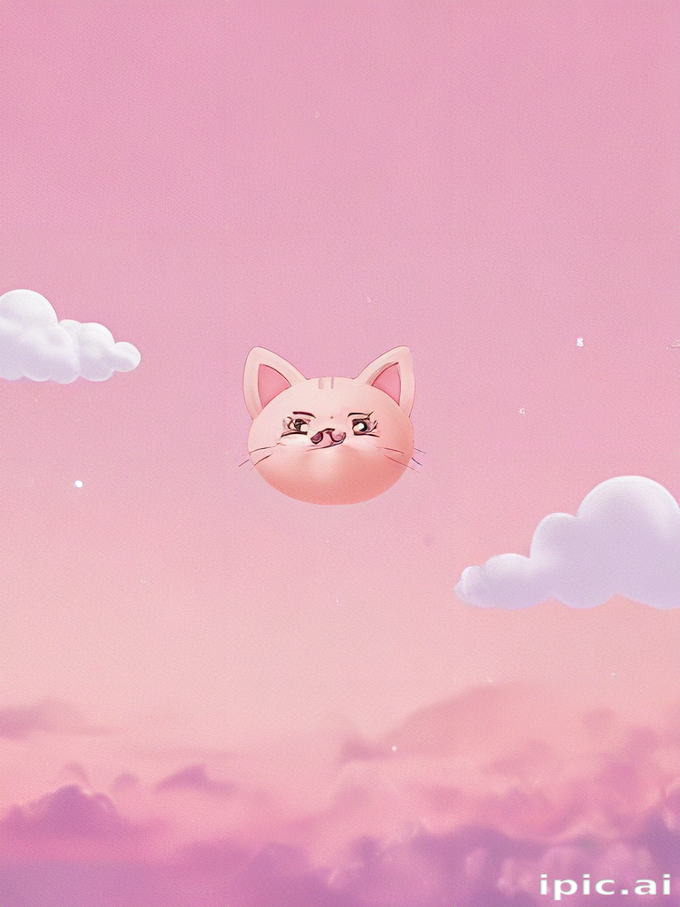 Playful Cat Face Floating in a Dreamy Pink Sky with Clouds