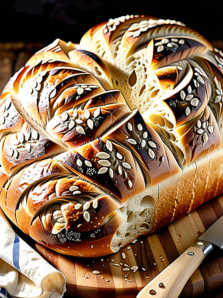Artfully Baked Bread Loaf Decorated with Seed Patterns and Intricate Design