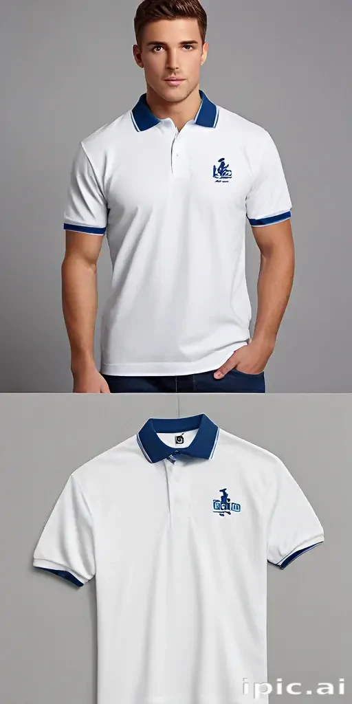 Stylish White Polo Shirt with Blue Accents and Logo Design for Men