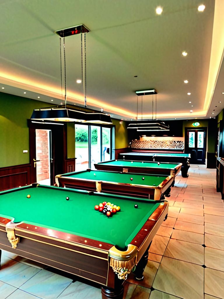 pool bar with 3 green pool tables 1 brown snooker table