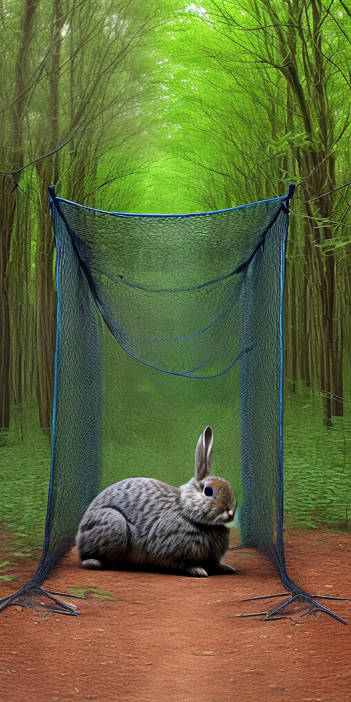A rabbit trapped by net in the forest.