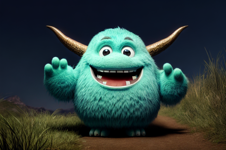 fluffy cute eyes fat monster with teeth in a cave with horns