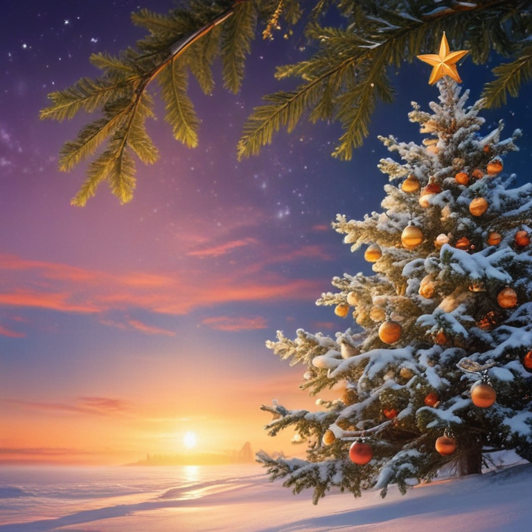 Beautiful Winter Sunset Behind a Festively Decorated Christmas Tree