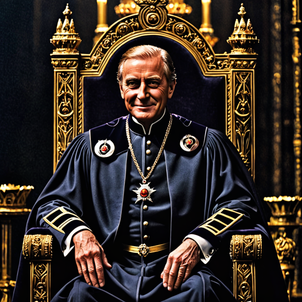 sadistic emperor smiling in the dark sitting on his throne