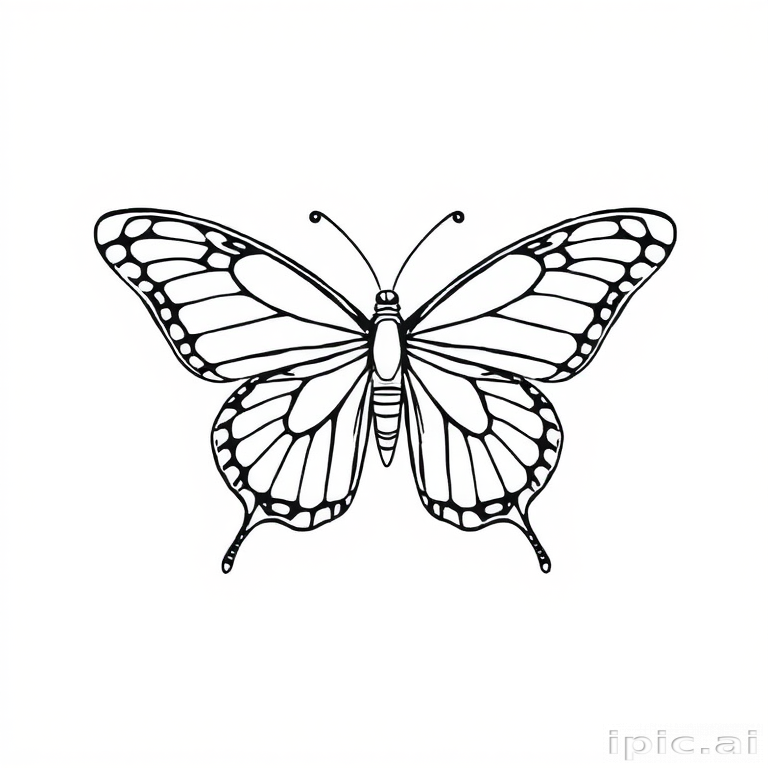 Intricate Outline of a Butterfly with Detailed Wing Patterns and Symmetry