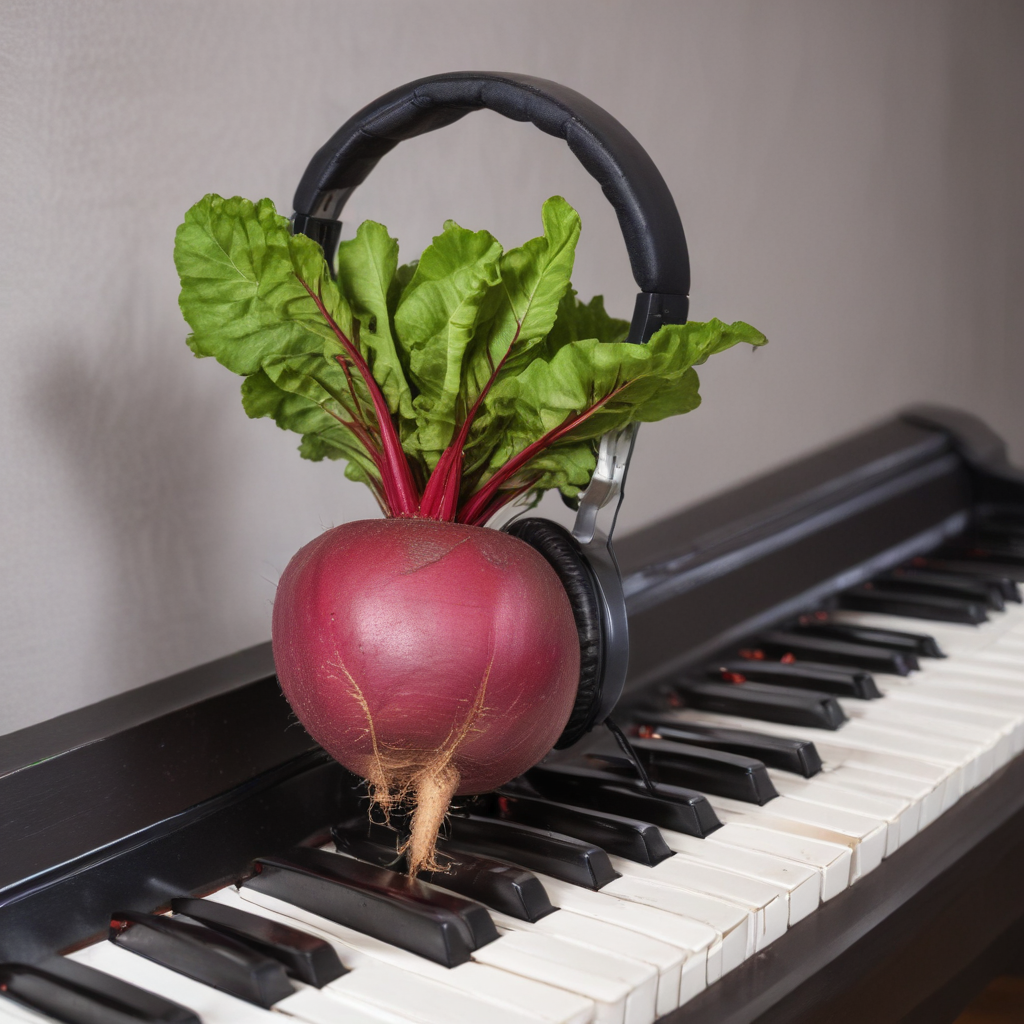 A beet with headphones on and playing piano