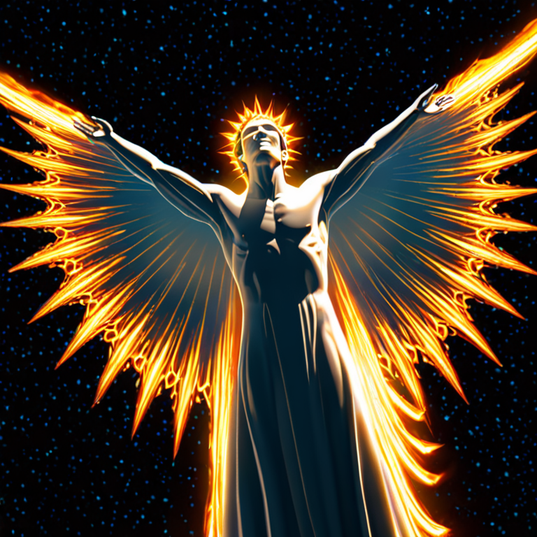 creature of radiant white light floating in the air with open arms ...