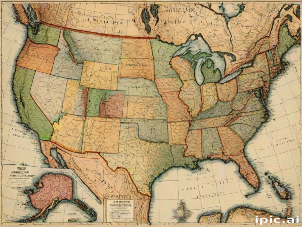 Historical Map of the United States Highlighting State Borders and Regions