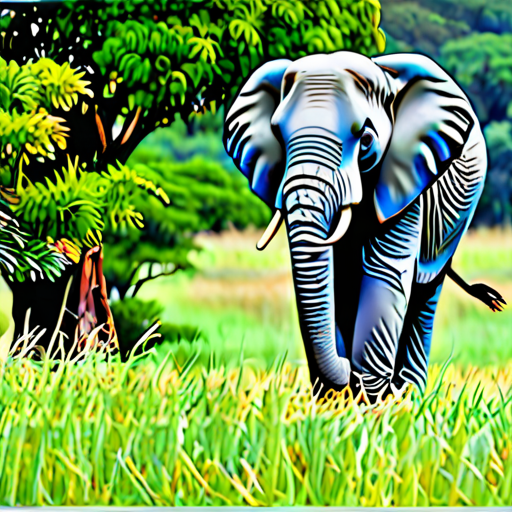 Um elefante azul defecando na savana