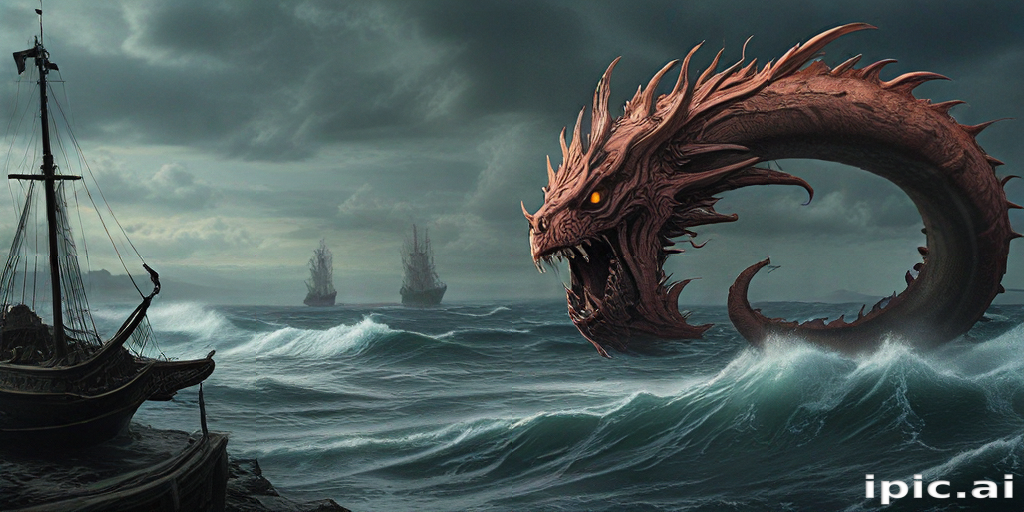 Epic Sea Battle: A Legendary Sea Monster Emerges from the Stormy Waves