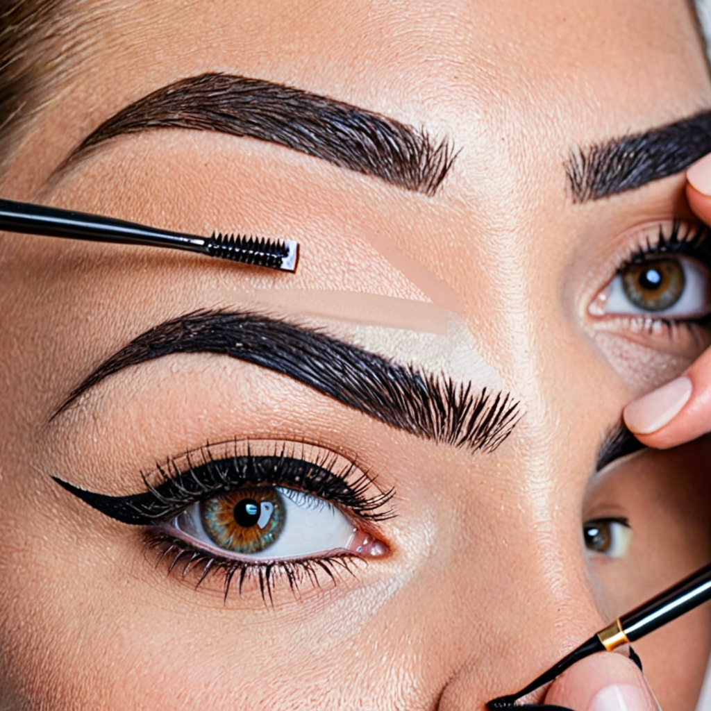 woman doing another woman's eyebrows, halfway through the process