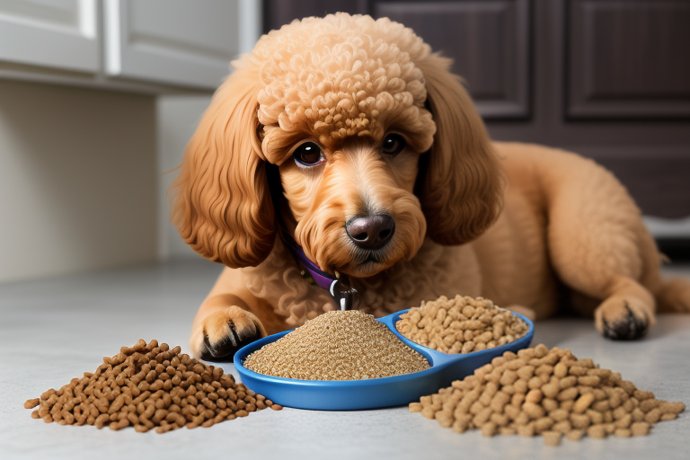 Adorable Poodle Surrounded by Different Types of Dog Food Options