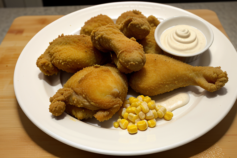 A Delicious Plate of Crispy Fried Chicken with Corn and Sauce.