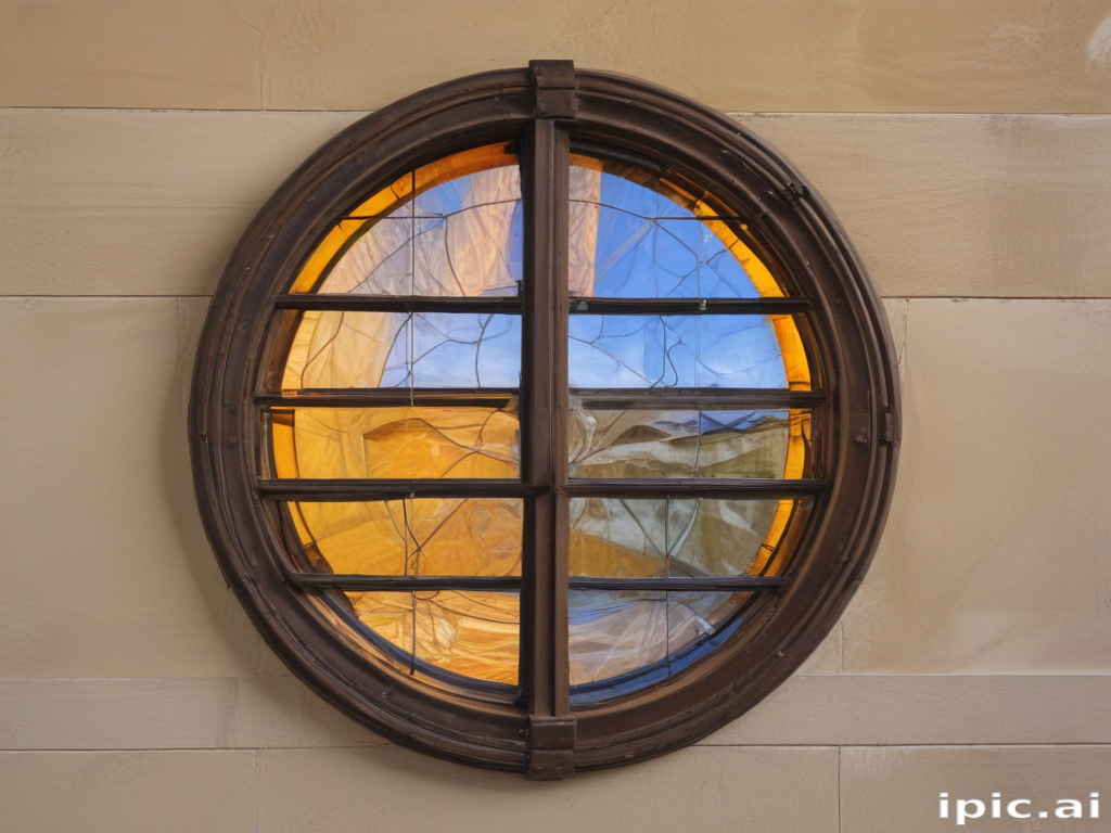 Beautiful Oval Window Reflecting Blue Sky and Warm Yellow Tones