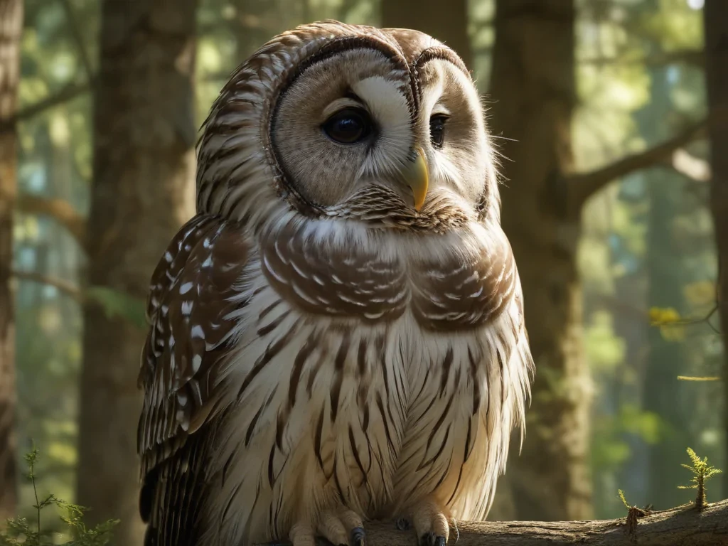 A Majestic Owl Perched Gracefully on a Branch in a Serene Forest.