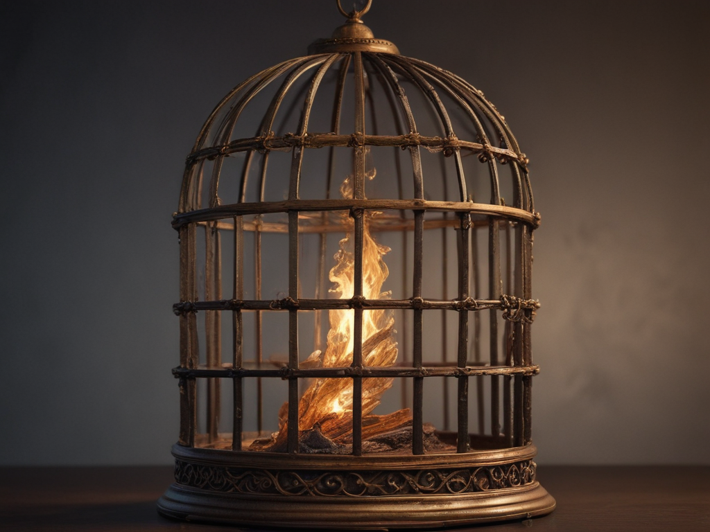 A Beautifully Crafted Birdcage Enclosing a Warm and Glowing Fire