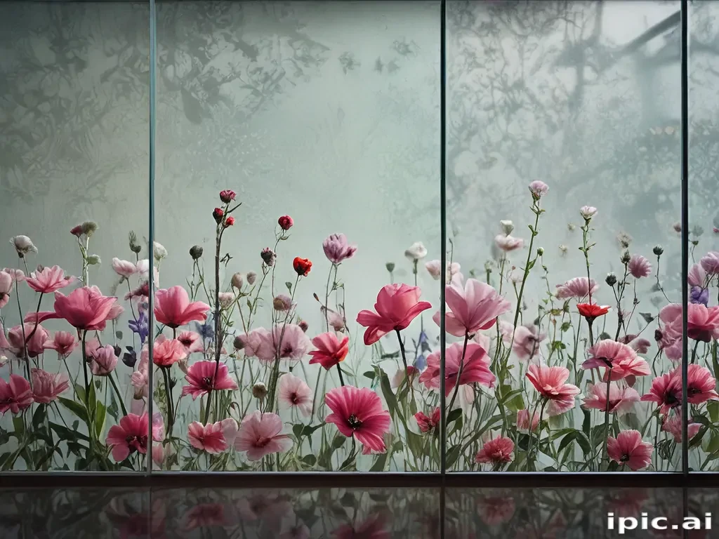 Delicate Floral Display Behind Glass Panels Bathed in Soft Natural Light