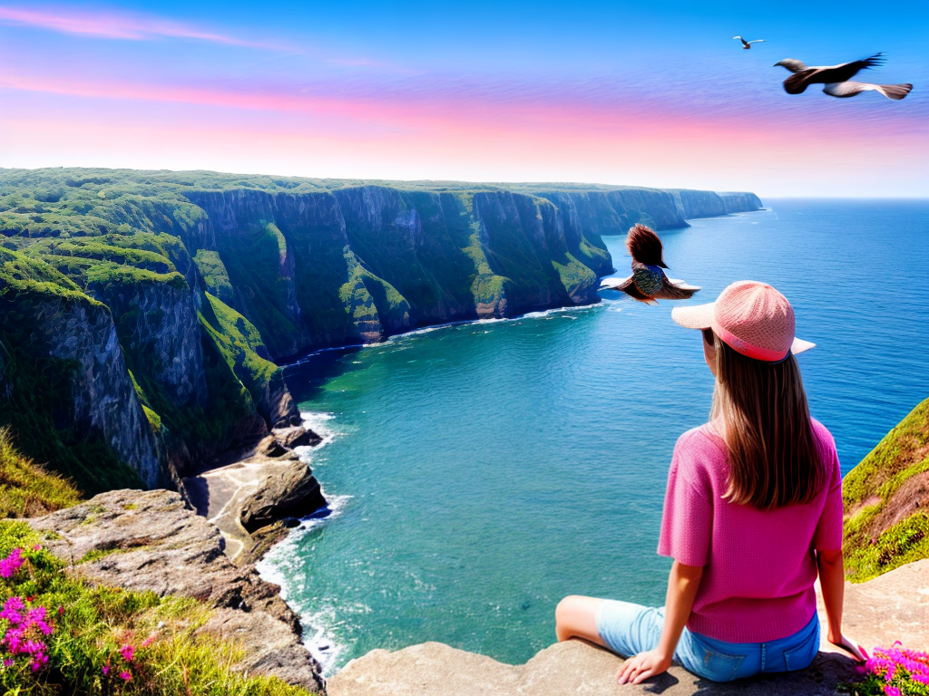 beautiful girl looking over the ocean from a sea side cliff, colorful ...