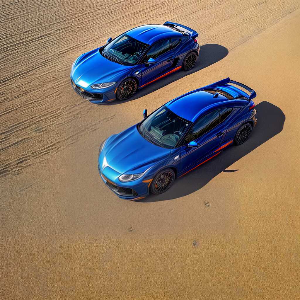 beach on sunset , buggati shiron car is on the sand