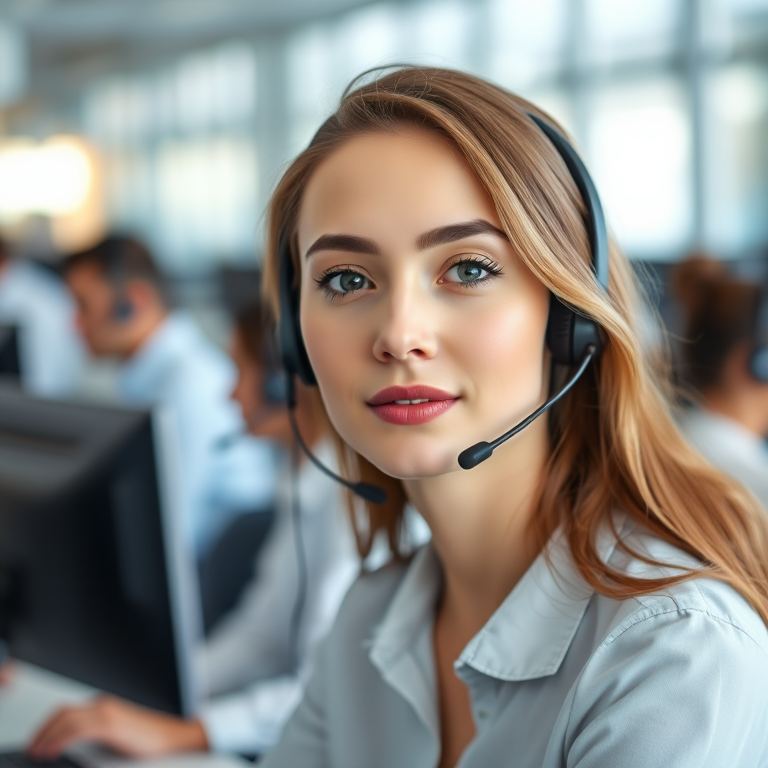 office environment with a female call center agent wearing a headset ...