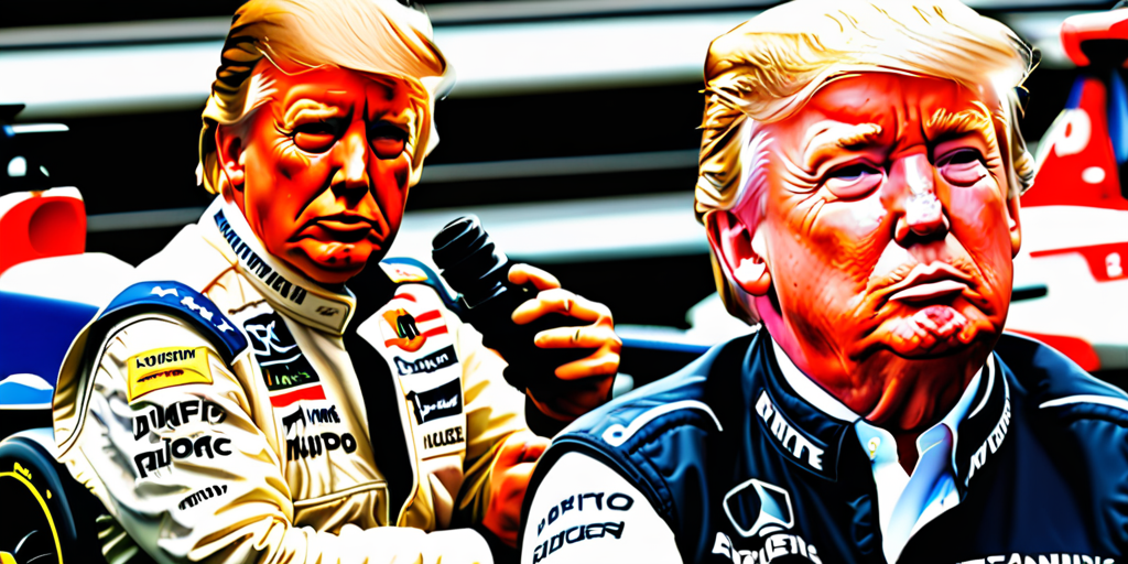 Donald Trump drinking and driving a formula 1 race car