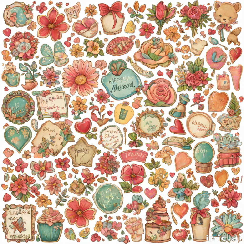 Colorful Collection of Whimsical Floral Stickers and Adorable Illustrations