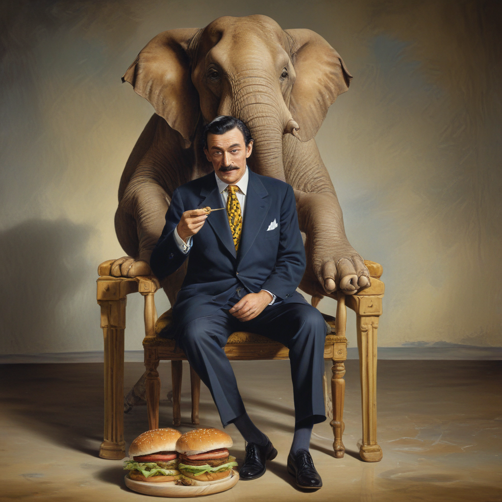Salvador Dali slim mustache eating hamburger painting elephant long ...