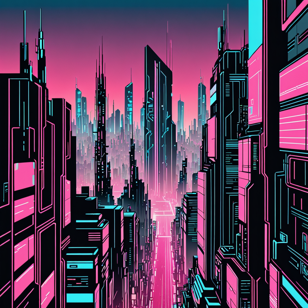 Cyberpunk cityscape side-view with a blank in the middle and pink ...