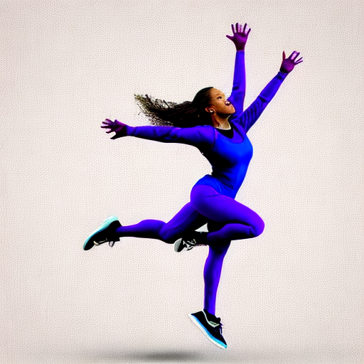 Icon of a woman jumping for joy. Purple colour. Shape of an L