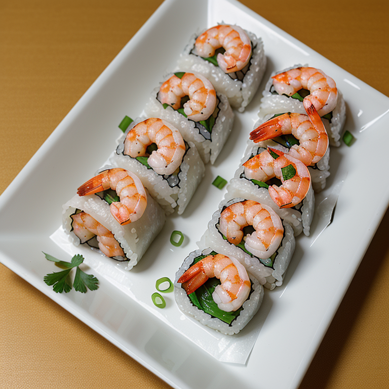 Delicious Shrimp Sushi Rolls Artfully Arranged on a White Serving Plate.