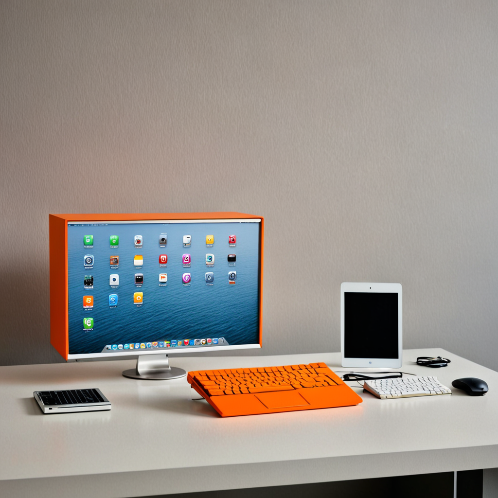dieter rams designed pc case, orange, on desk, dusk