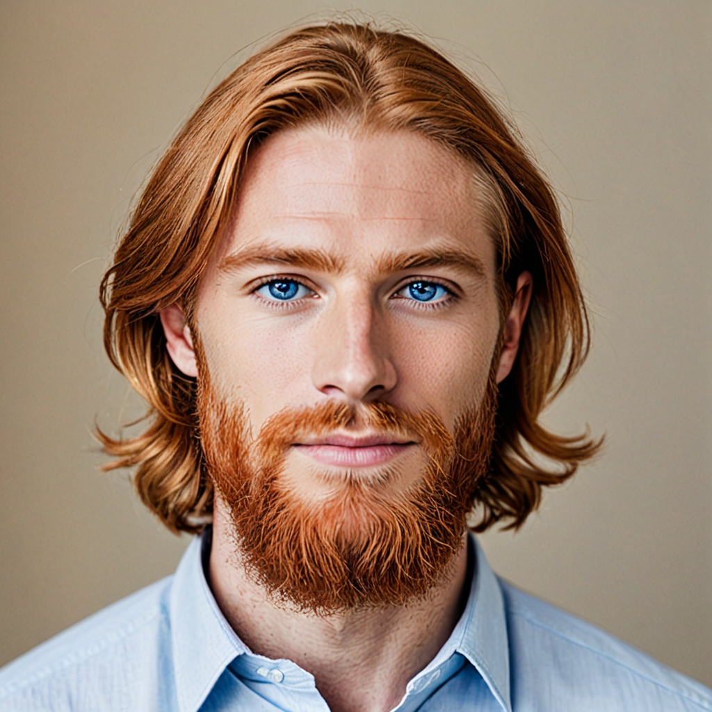 homme roux avec une barbe de 3 cm, yeux bleu et avec pas beaucoup de ...