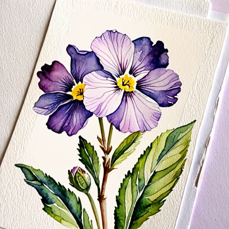 purple primrose, watercolor drawing, simple pale colors