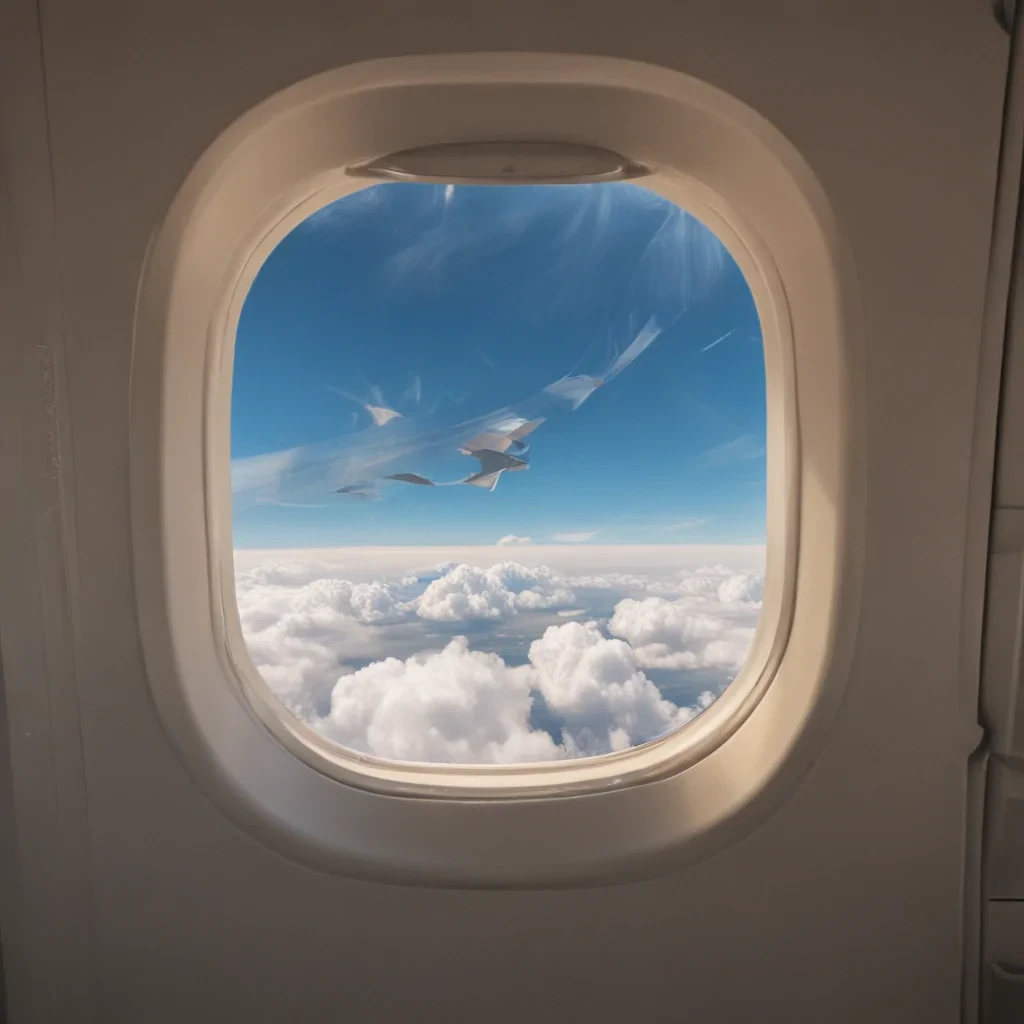 Captivating View of Fluffy Clouds and Clear Blue Sky from Airplane Window