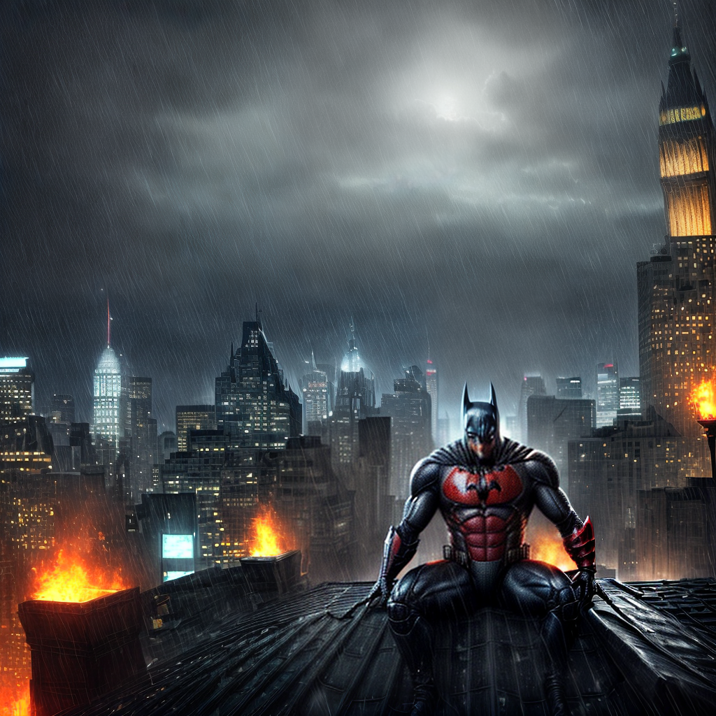 lobster using batman armor in rooftop of gotham city at rain night