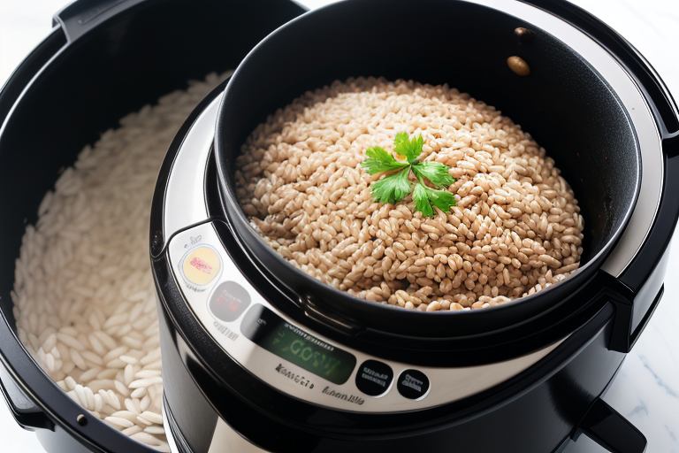Deliciously Cooked Rice in a Modern Rice Cooker with Fresh Herbs