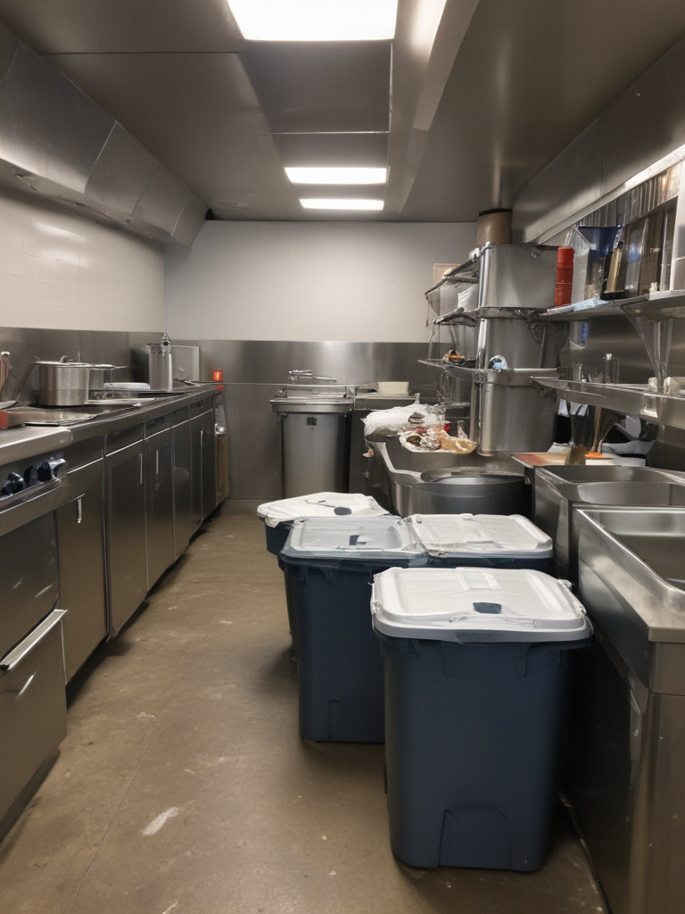 restaurant kitchen with full trashcans