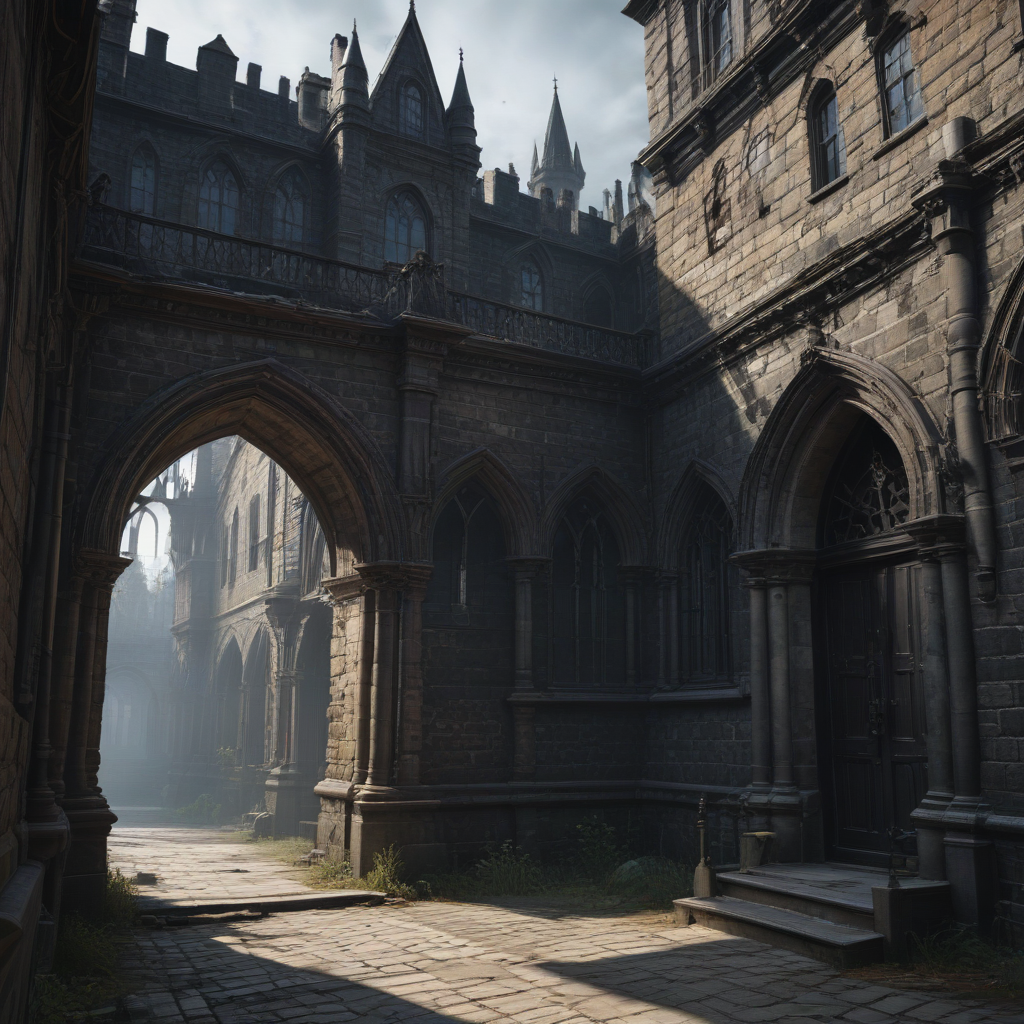 generate an image of gothic victorian times Old Castle Courtyard ...