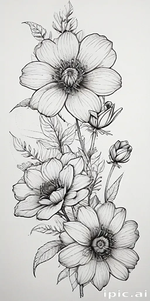 Intricate Line Drawing of Elegant Flowers in Bloom with Delicate Details