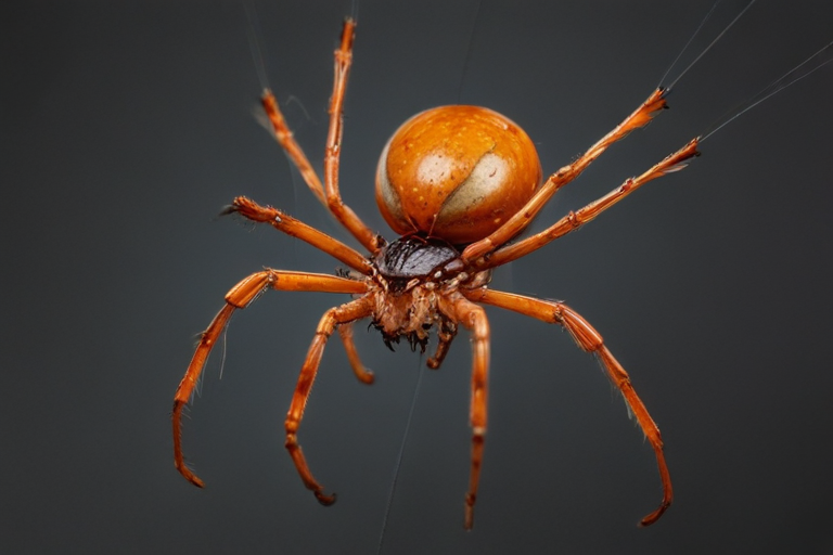 Close-Up of a Vibrant Orange Spider Suspended by Its Delicate Silk Threads