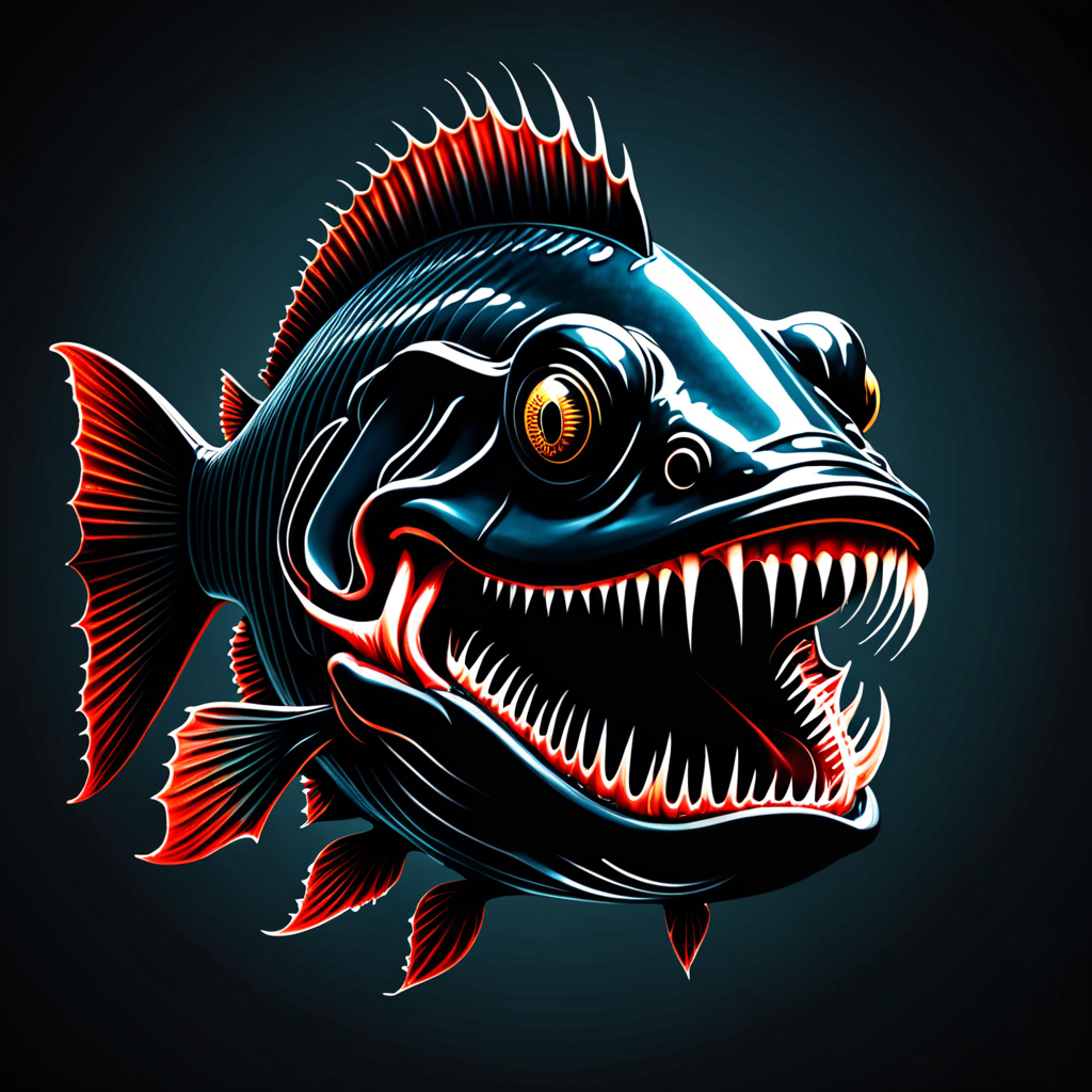 realistic scary huge teeth angler fish illuminated by it's lure with ...