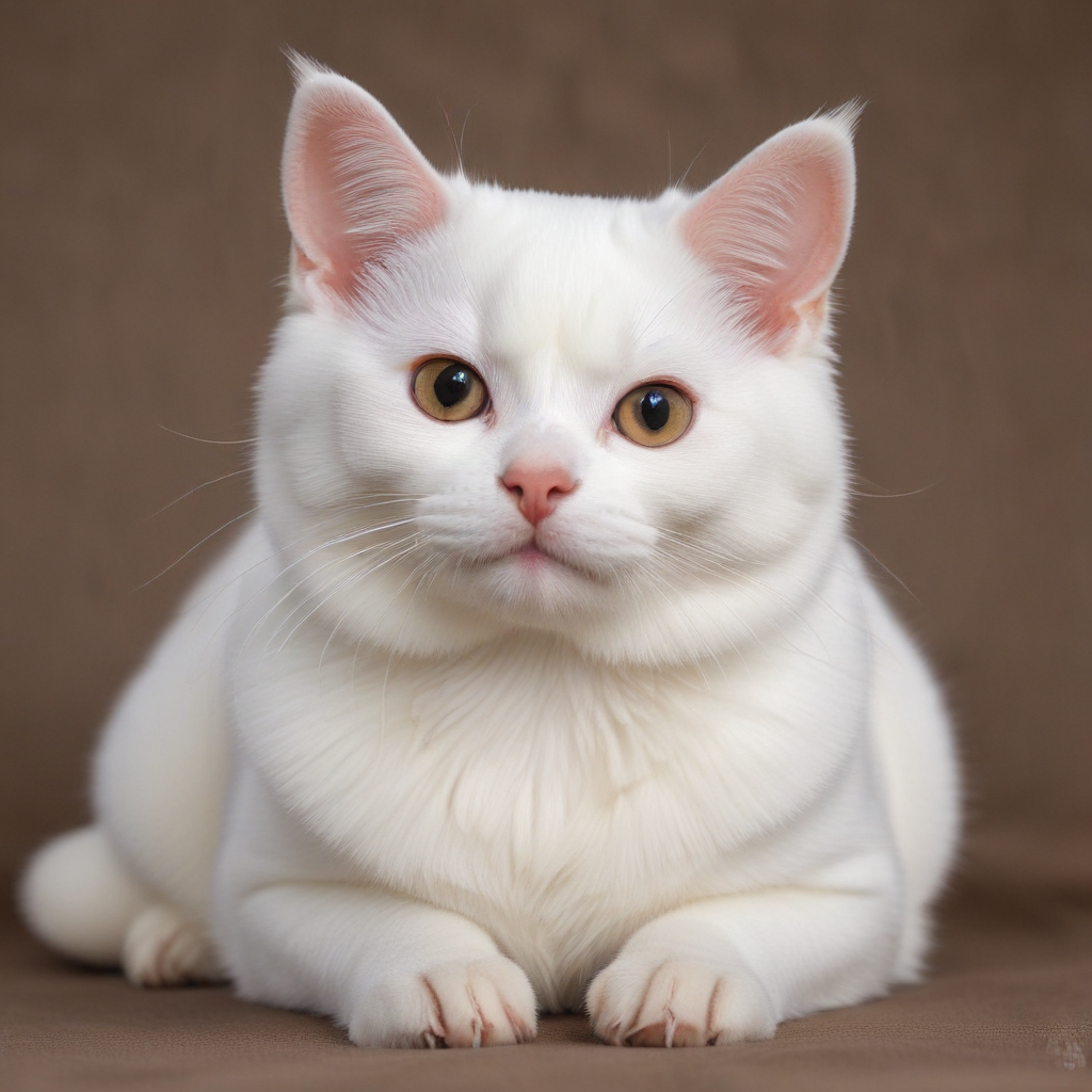 A Fluffy White Cat with Striking Amber Eyes Posing Elegantly on a Brown ...