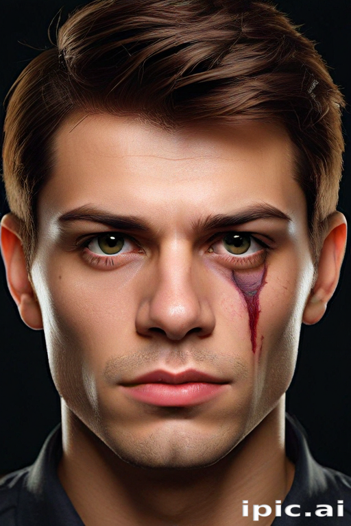 Intense Portrait of a Young Man with a Dramatic Blood Tear.